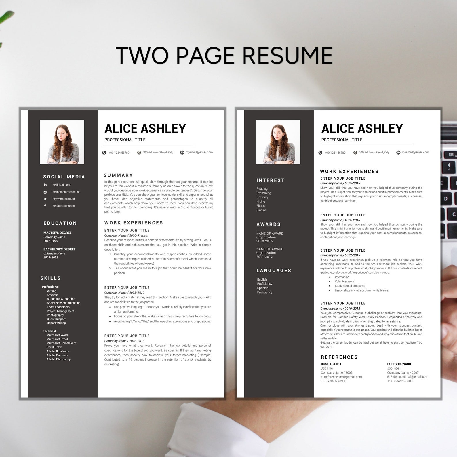 Dark Resume Template Word, Cv Template, Professional Resume, Creative ...