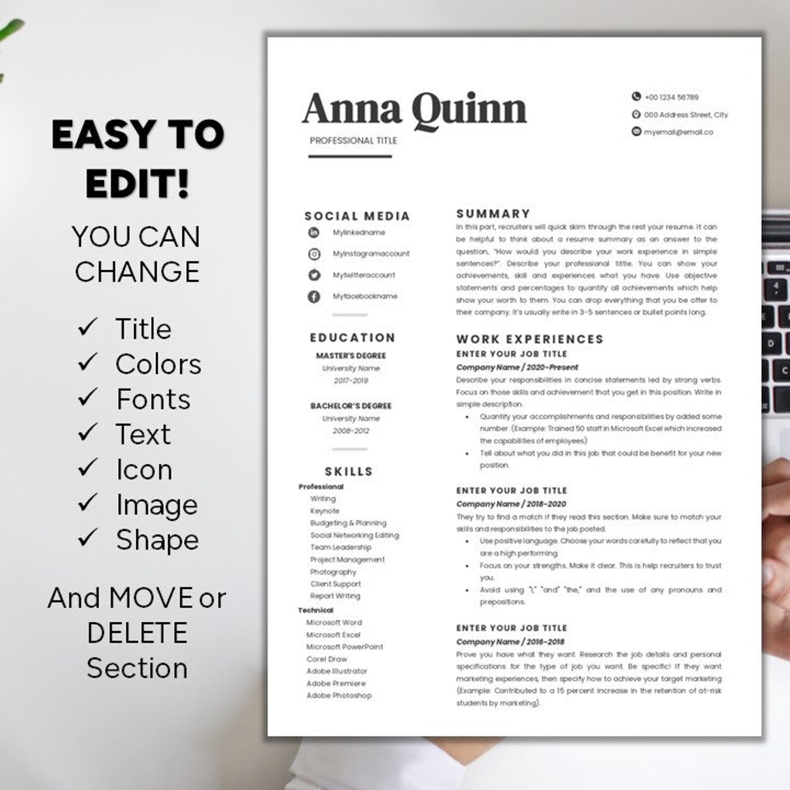 Simple Resume Template Word, Cv Template, Professional Resume, Creative ...