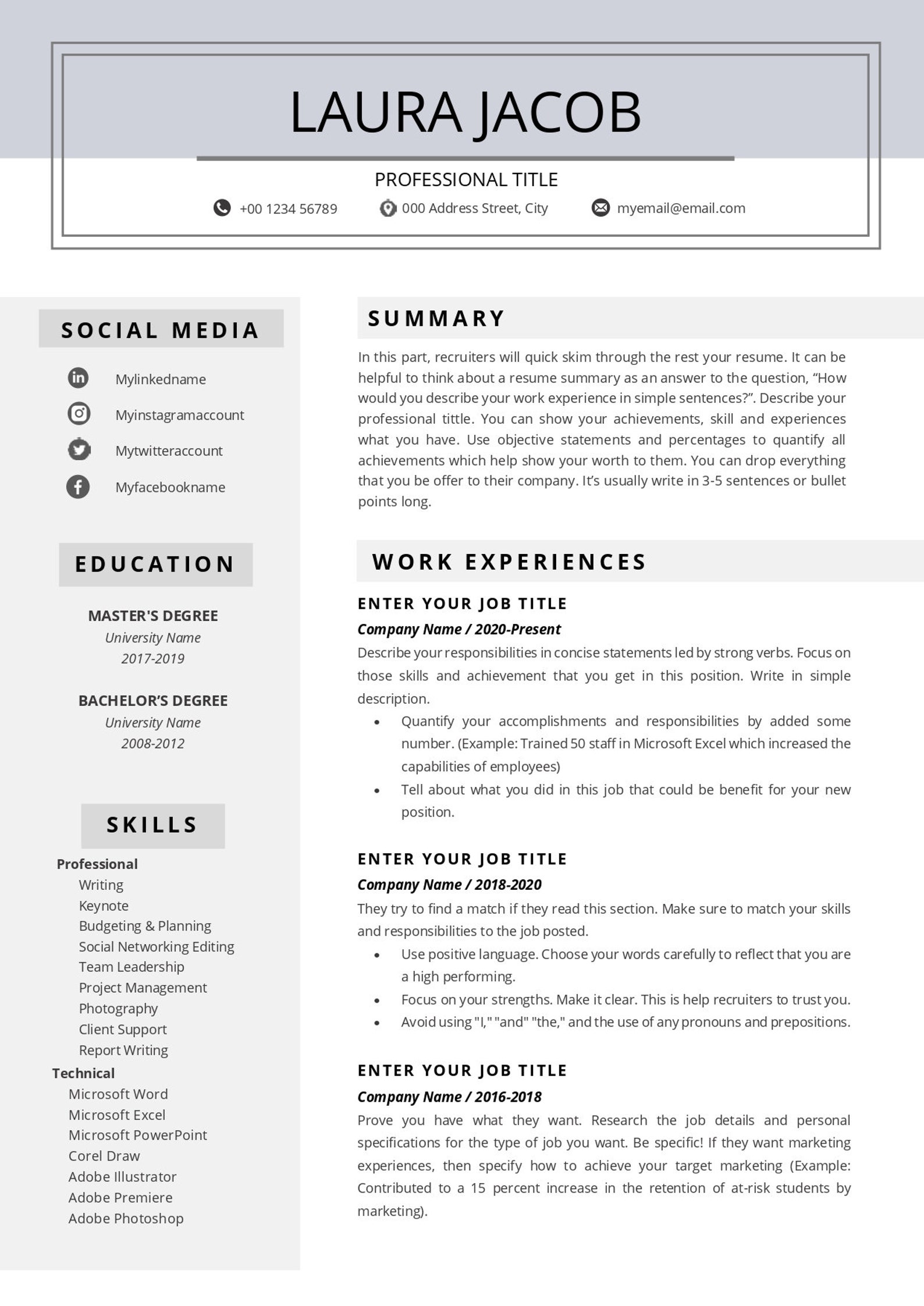 Simple Resume Template Word, Cv Template, Professional Resume, Creative ...