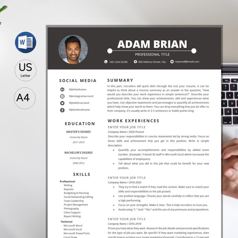 Black Resume Template Word, Cv Template, Professional Resume, Creative ...