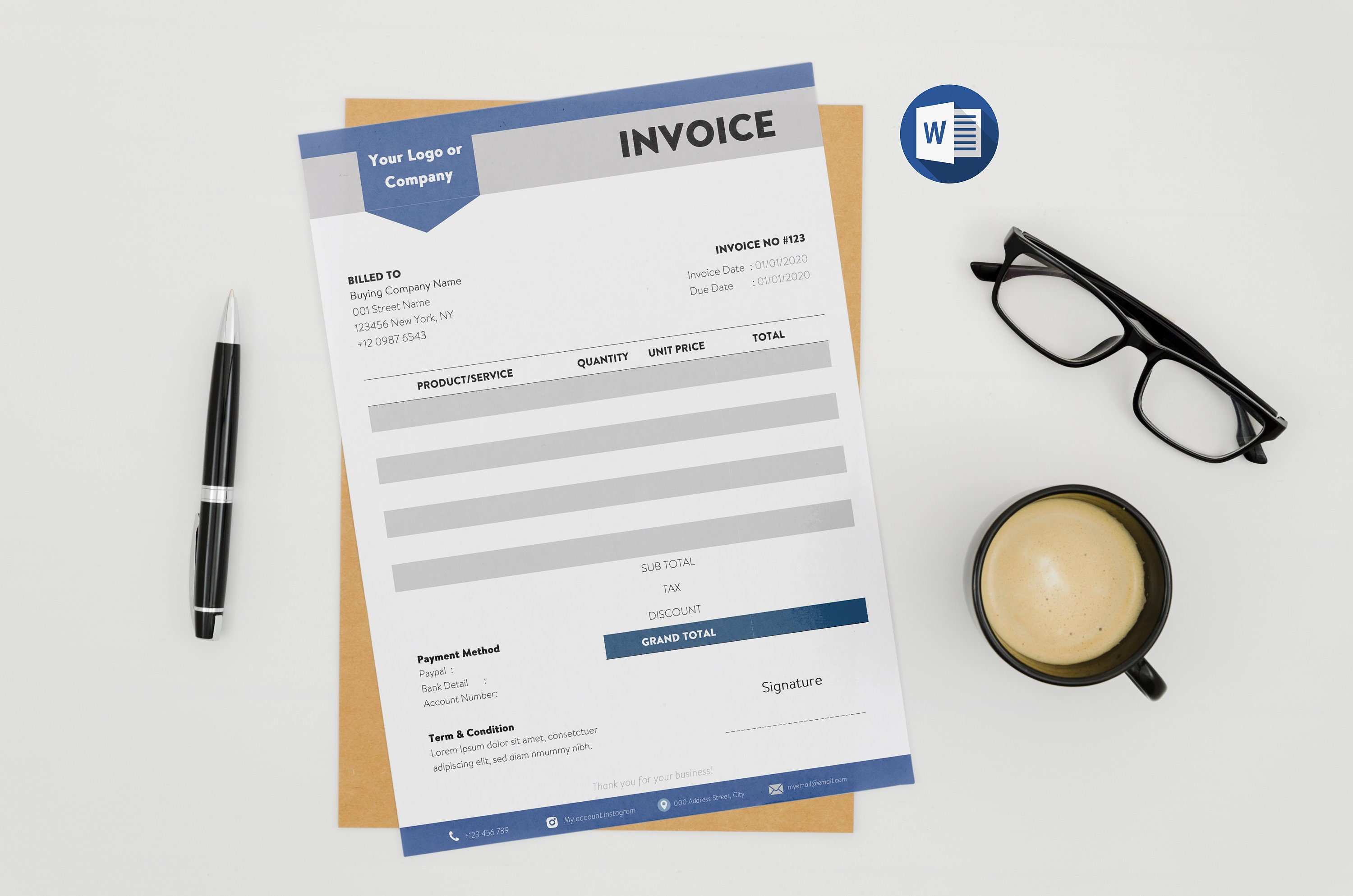 Gray Blue Invoice Template Word Receipt Template Invoice - Etsy