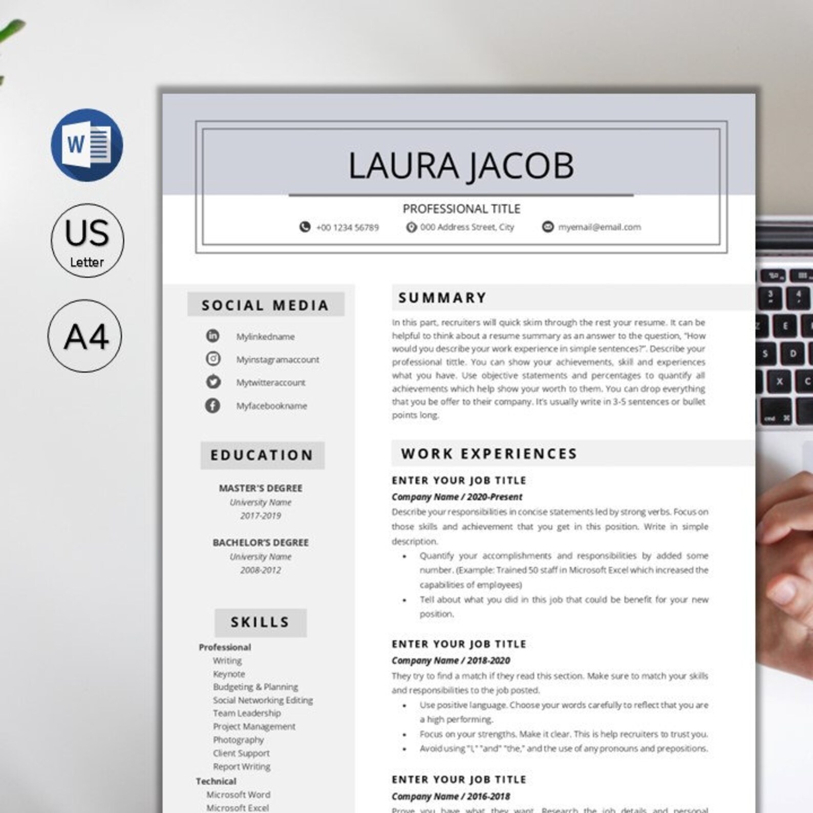 Simple Resume Template Word, Cv Template, Professional Resume, Creative ...