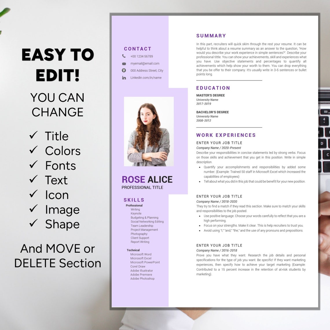 Purple Resume Template Word, Cv Template, Professional Resume, Creative ...