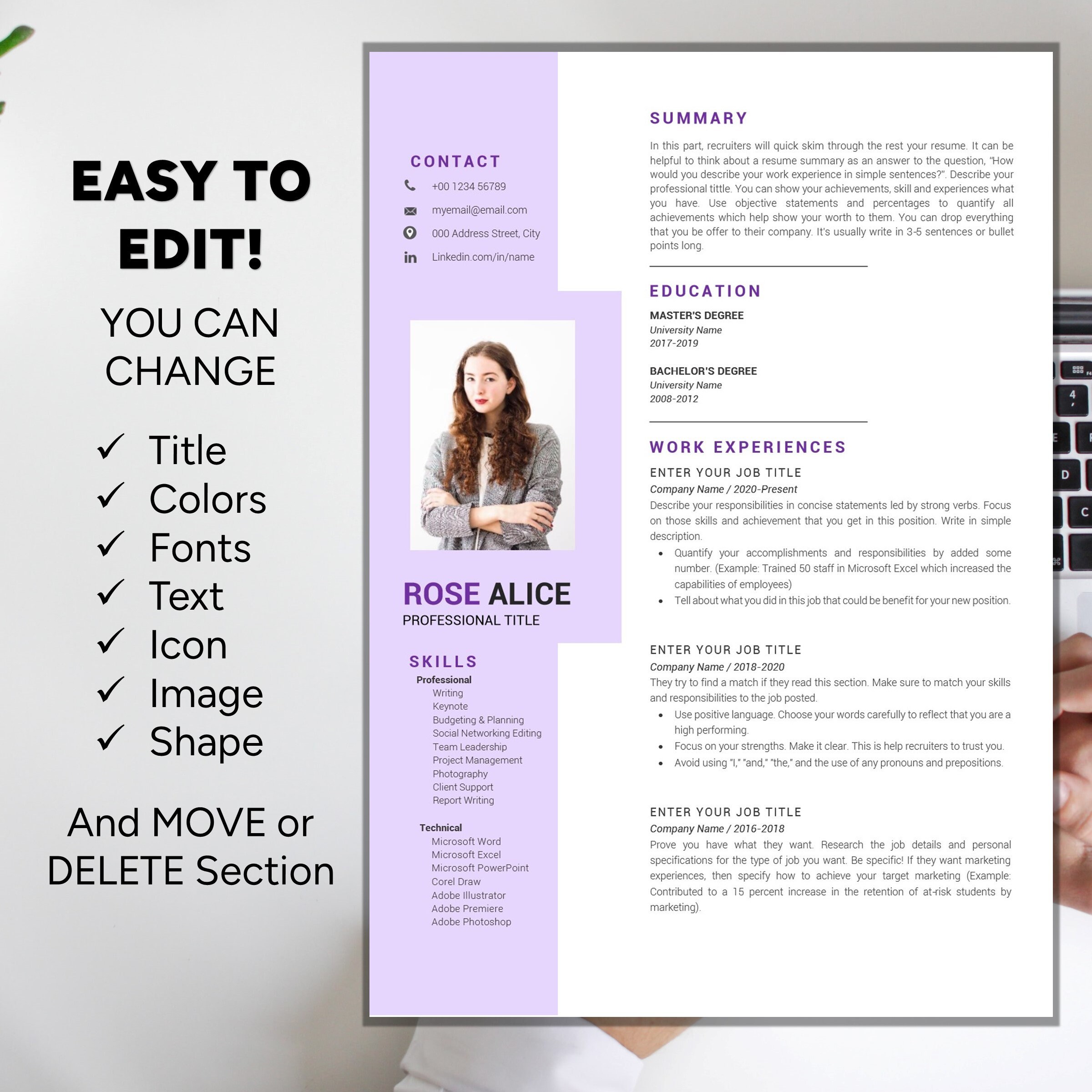 Purple Resume Template Word, Cv Template, Professional Resume, Creative ...