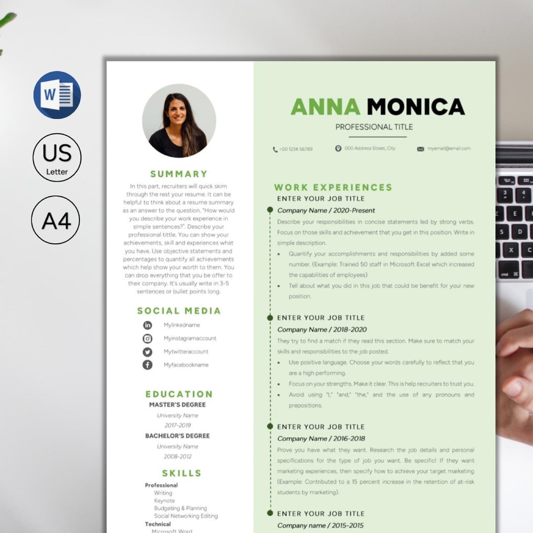 Green Resume Template Word, Cv Template, Professional Resume, Creative ...