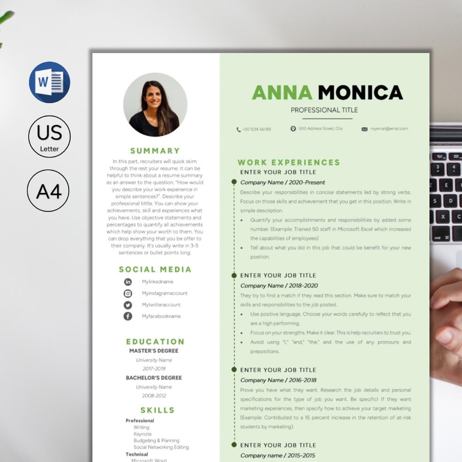 Green Resume Template Word, Cv Template, Professional Resume, Creative ...