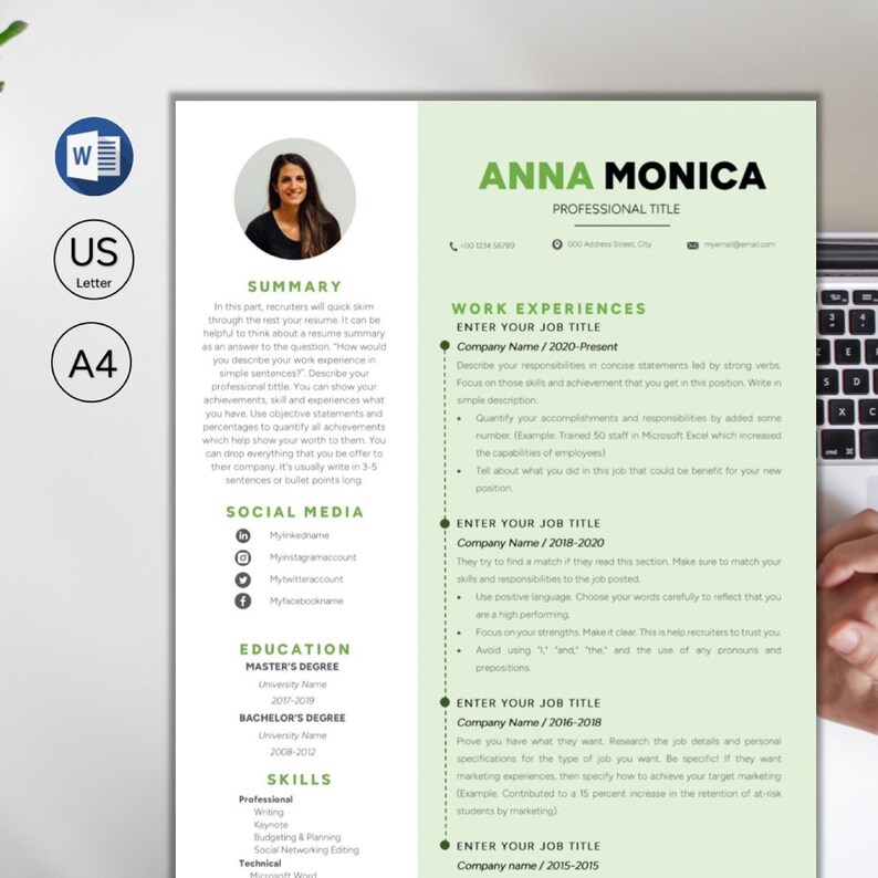 Green Resume Template Word, Cv Template, Professional Resume, Creative ...