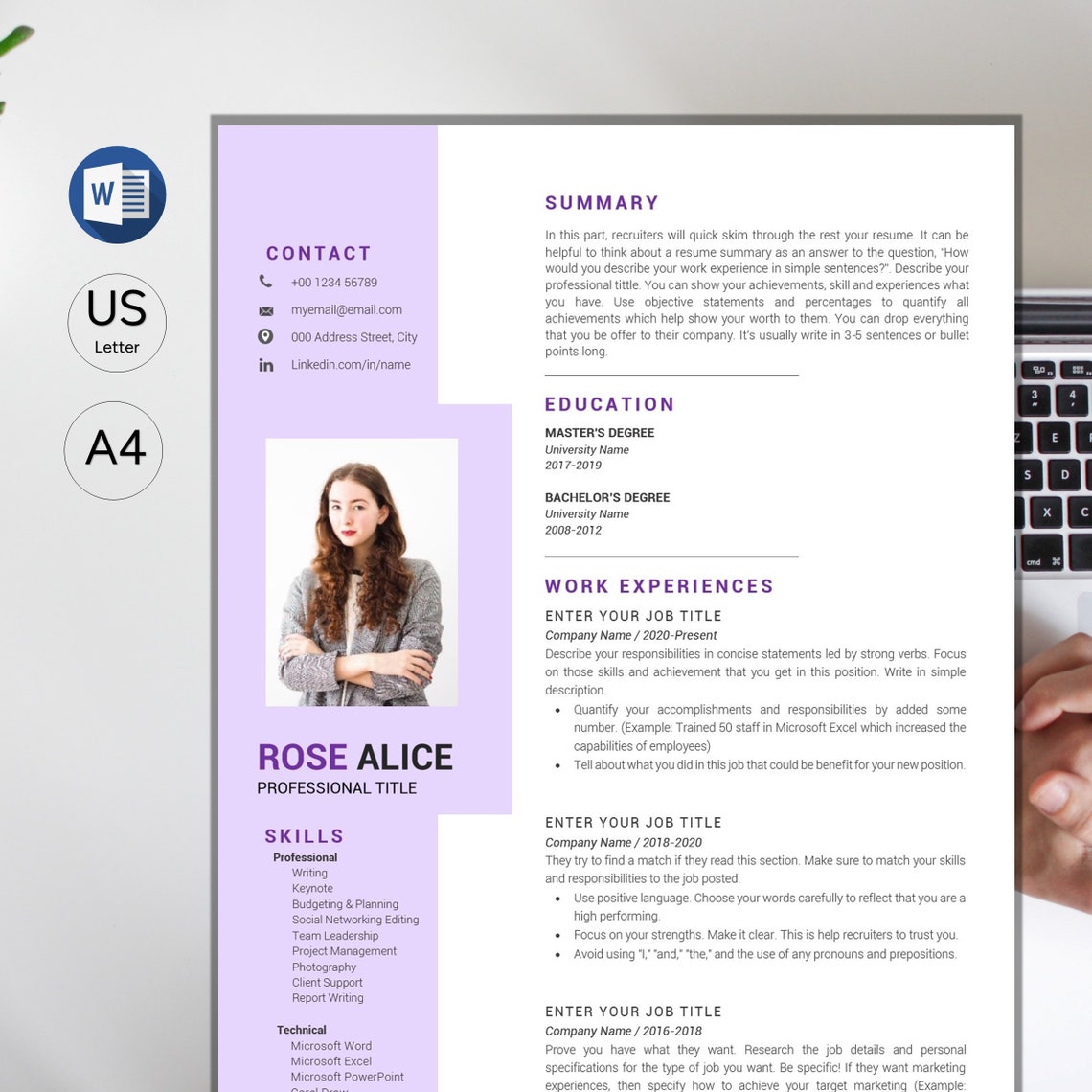Purple Resume Template Word, Cv Template, Professional Resume, Creative ...