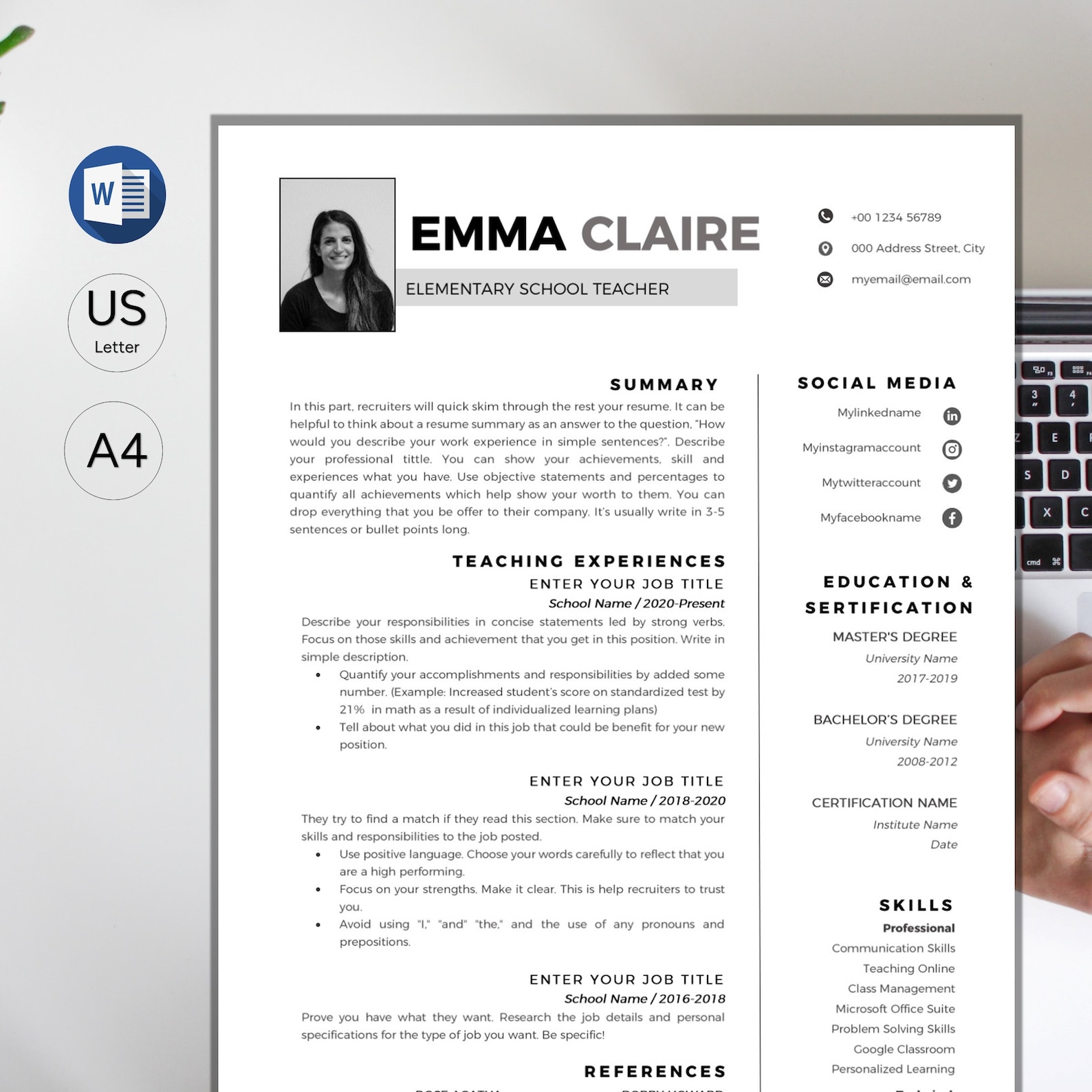 Teaching Resume, Teacher Resume Word, Cv Template, Teacher Cv Template ...