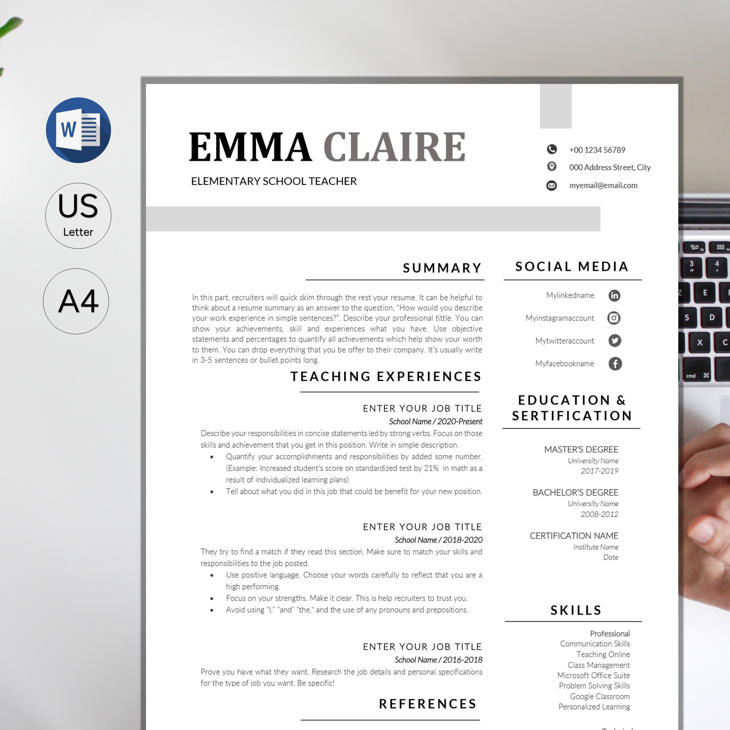 Teacher Cv Template, Cv Template, Teaching Resume, Teacher Resume Word ...