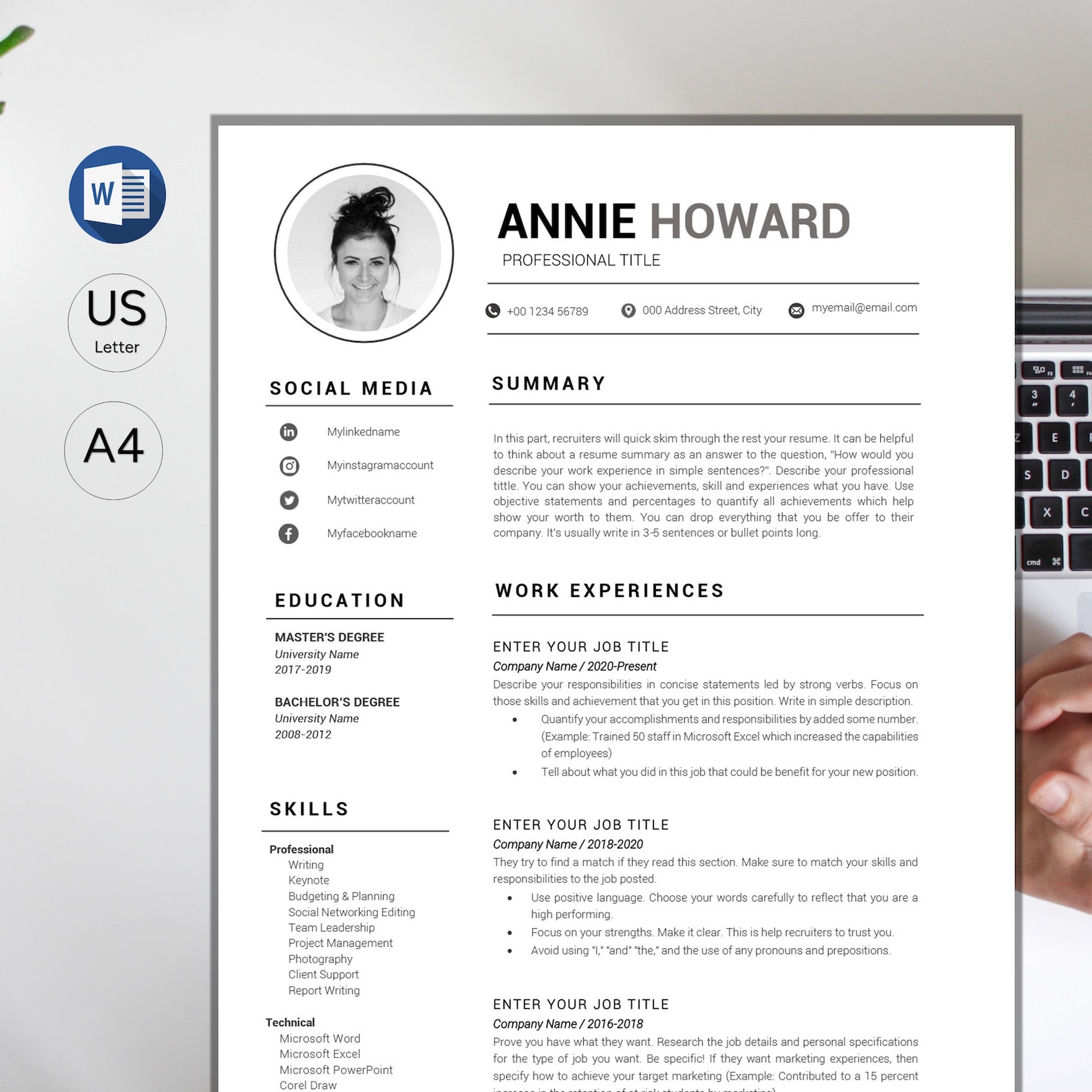 Minimalist Resume Template Word, Cv Template, Professional Resume ...