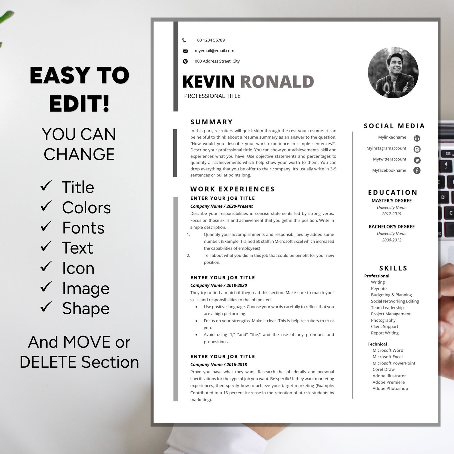 Gray Resume Template Word, Cv Template, Professional Resume, Creative ...