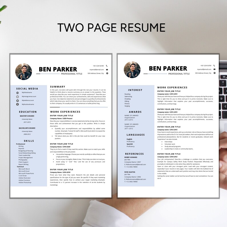 Light Resume Template Word, Cv Template, Professional Resume, Creative ...