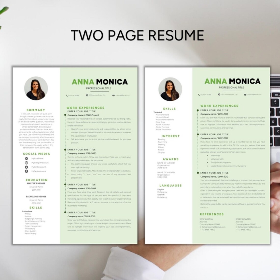 Green Resume Template Word, Cv Template, Professional Resume, Creative ...