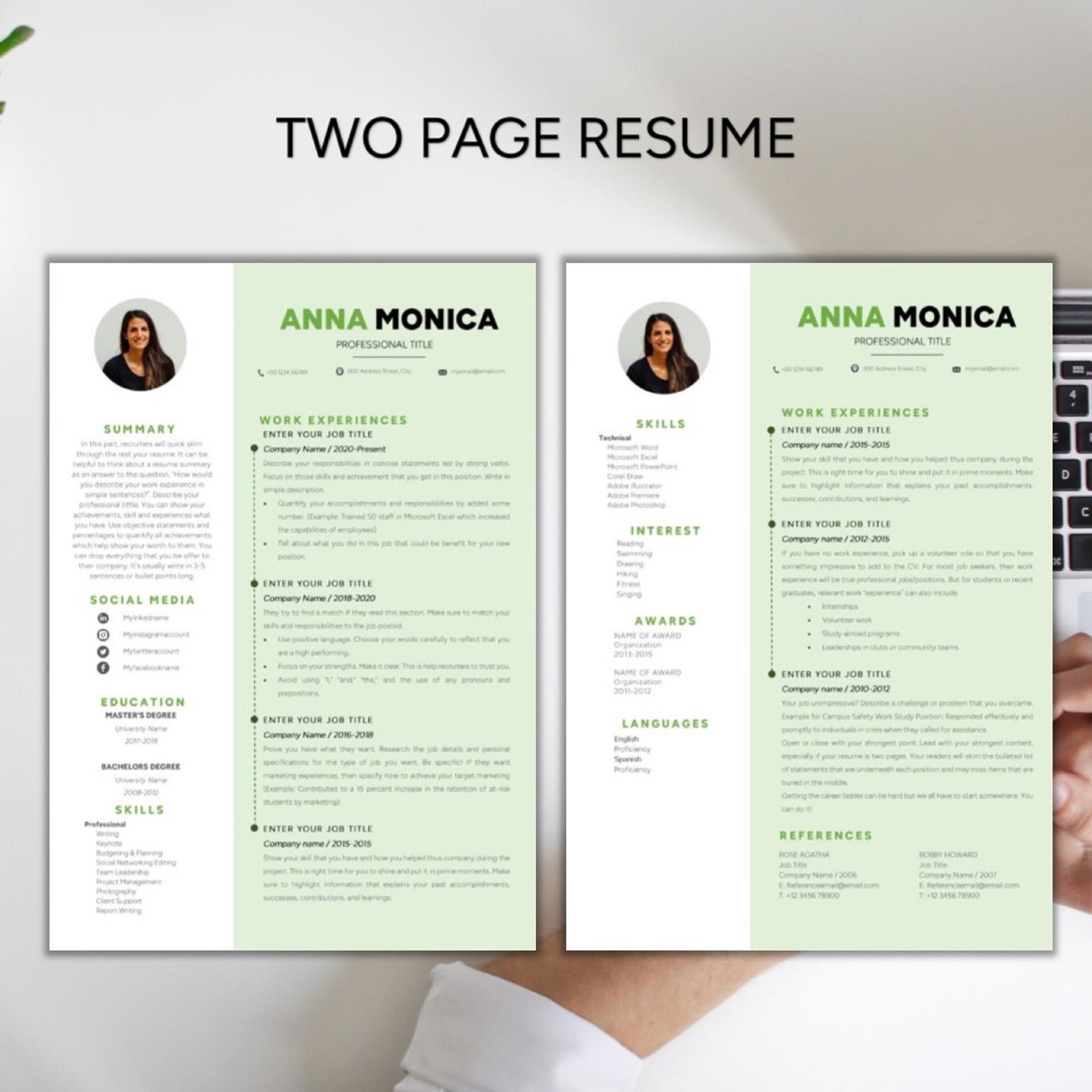 Green Resume Template Word, Cv Template, Professional Resume, Creative ...