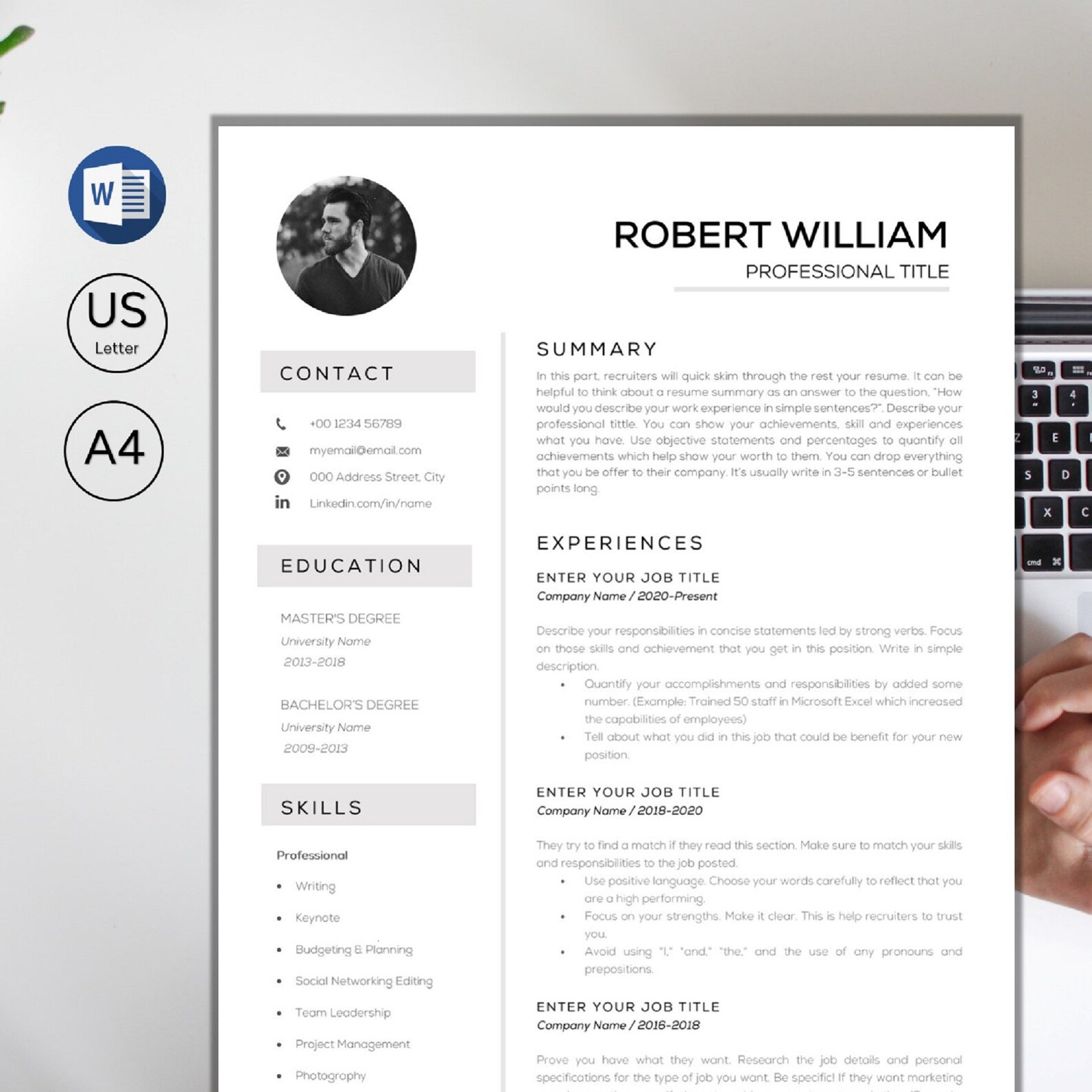 Simple Resume Template Word, Cv Template, Professional Resume, Creative ...