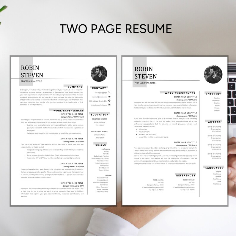 Gray Resume Template Word, Cv Template, Professional Resume, Creative ...