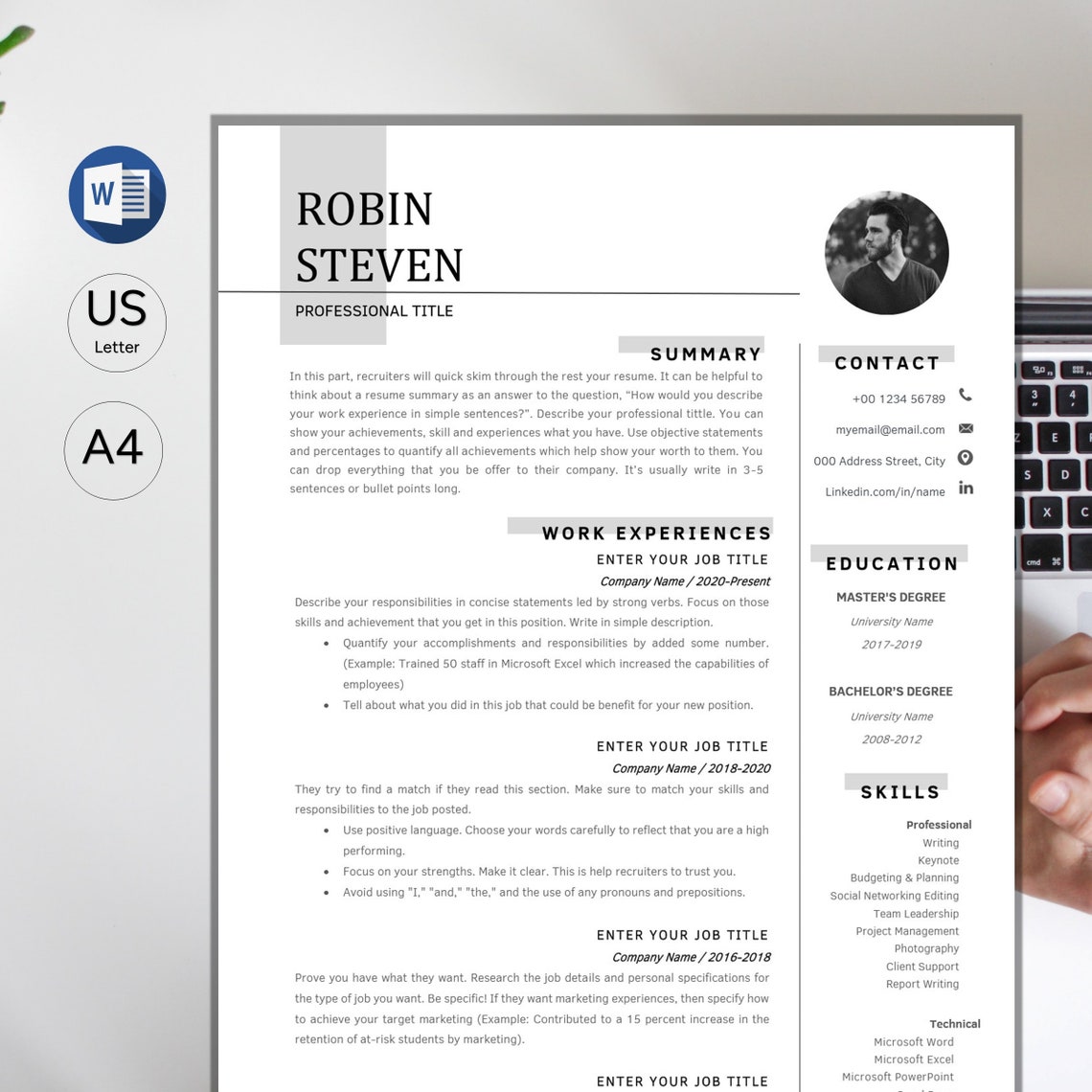 Gray Resume Template Word, Cv Template, Professional Resume, Creative ...
