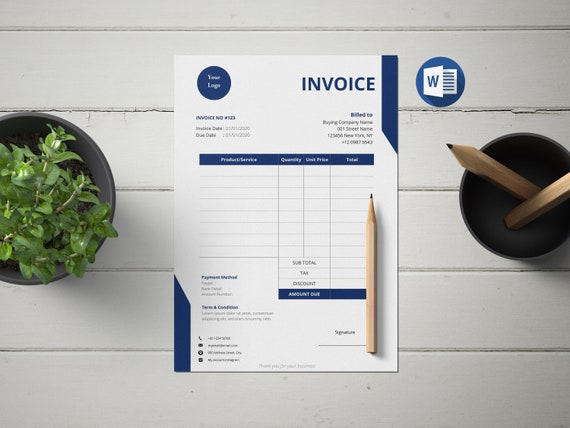 Blue Invoice Template Word Receipt Template Invoice Form - Etsy