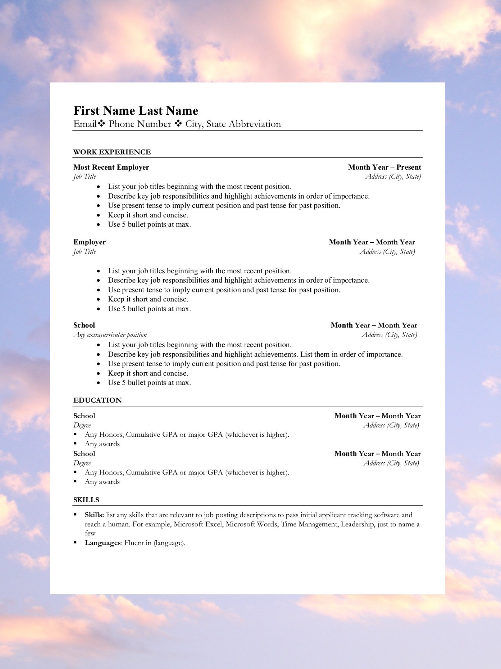 Simple Resume Template Word, Instant Download, Digital Download - Etsy
