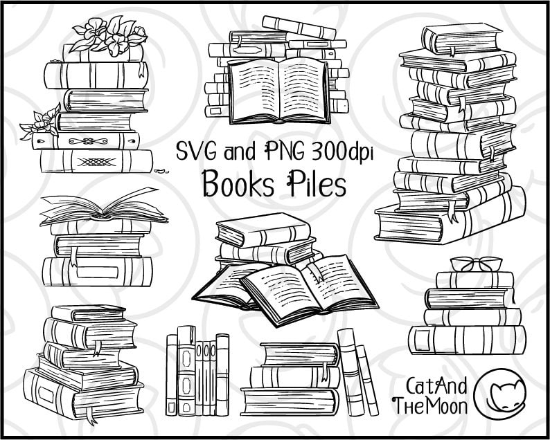 Book Stack Svg, Easy to Use Book Piles Clipart, Hand Drawn Digital ...