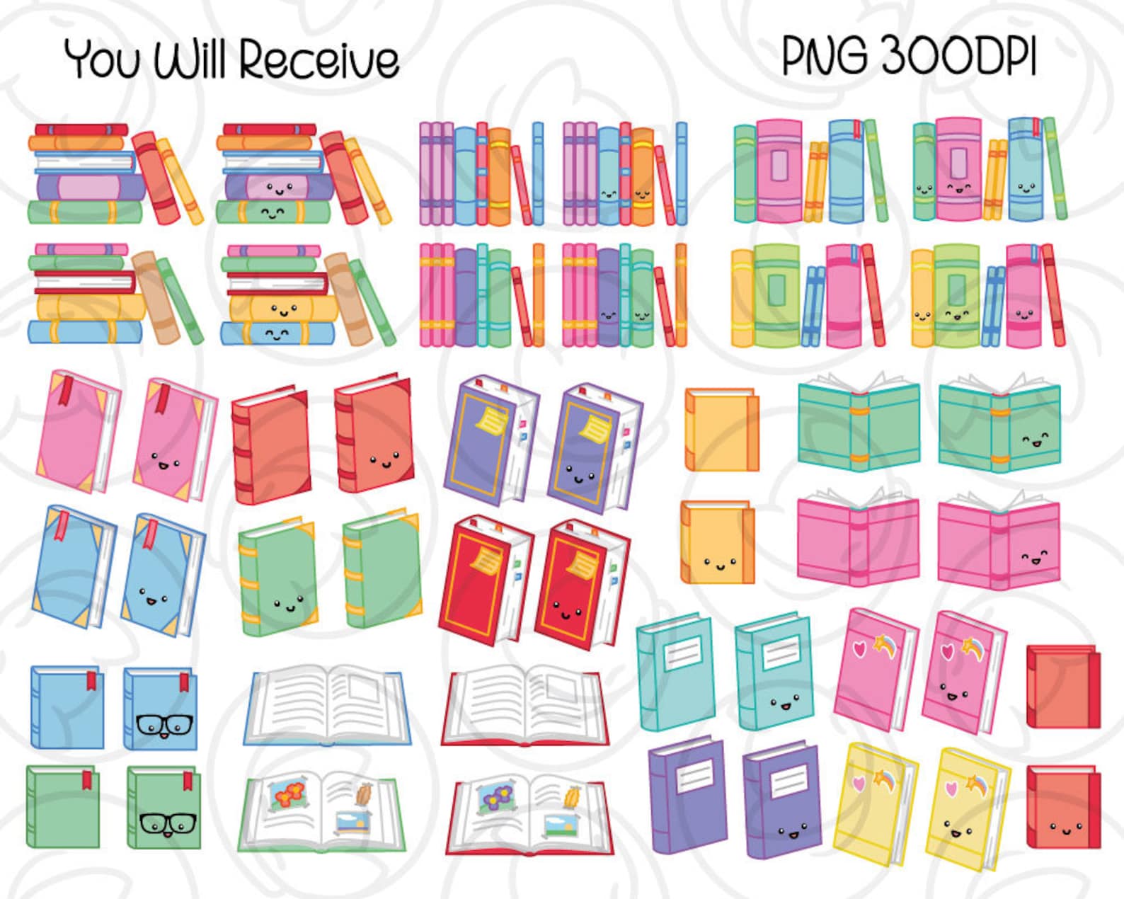 Kawaii Book Clipart - Cute Books Pink Blue Glasses Red Orange Green ...