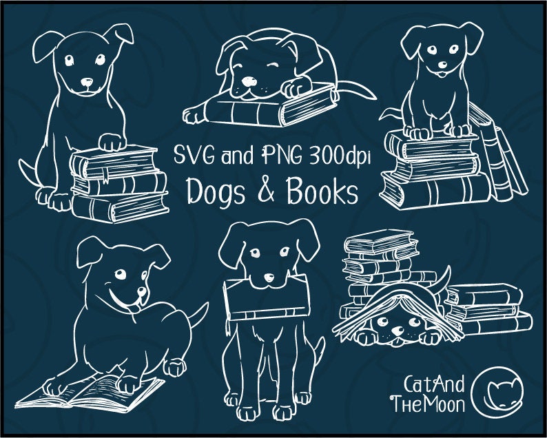 Dogs and Books Svg Easy to Use Book Stack, Puppy Reading Hand Drawn ...