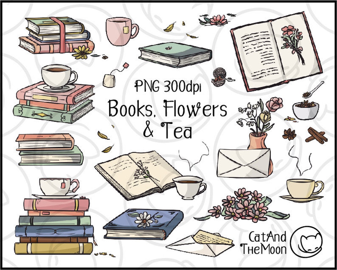 Book Clipart - Book Stack Clipart, Pastel Clipart, Teacup Clipart, Tea ...
