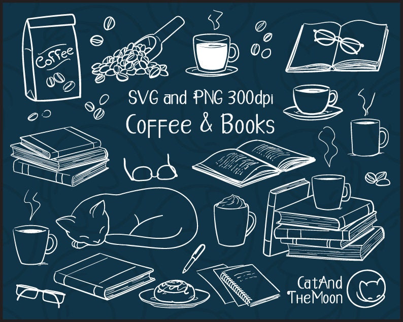 Book Clipart, Book Svg, Books Svg, Coffee Clipart, Coffee Doodle ...