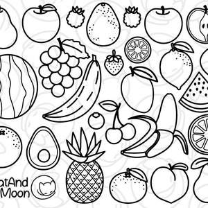 Cute Fruit Digital Stamp Kawaii Banana, Apple, Mango, Avocado, Orange ...