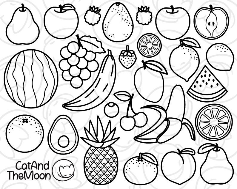 Cute Fruit Digital Stamp - Kawaii Banana, Apple, Mango, Avocado, Orange ...