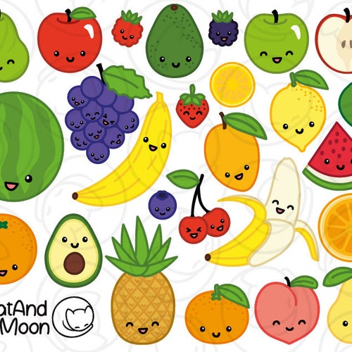 Kawaii Fruit Clipart Cute Fruits Banana Apple Pineapple - Etsy