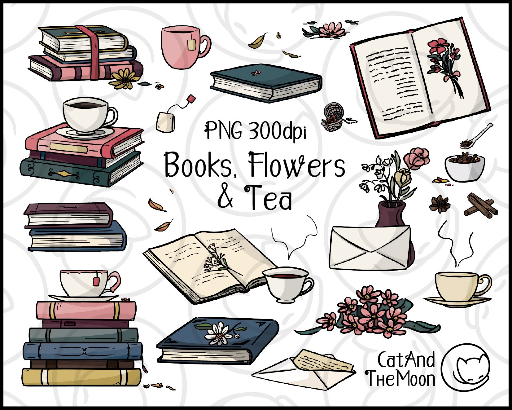 Books and Tea Clipart, Teacup Flowers Vintage Decoration for Cards ...