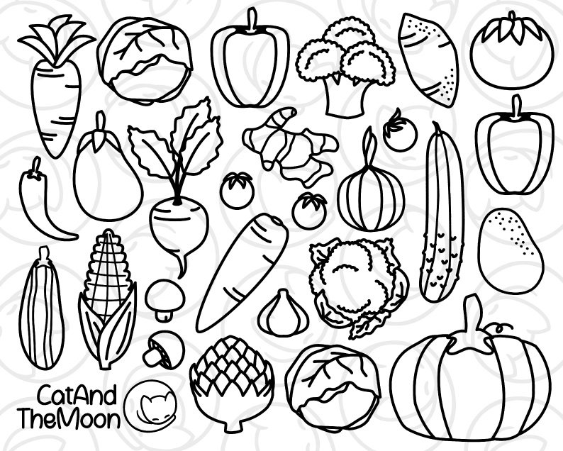 Healthy Food Clipart - Clipart for Coloring, Digital Stamp, Cute ...