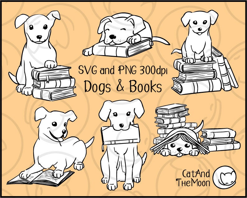 Dogs and Books Svg Easy to Use Book Stack, Puppy Reading Hand Drawn ...
