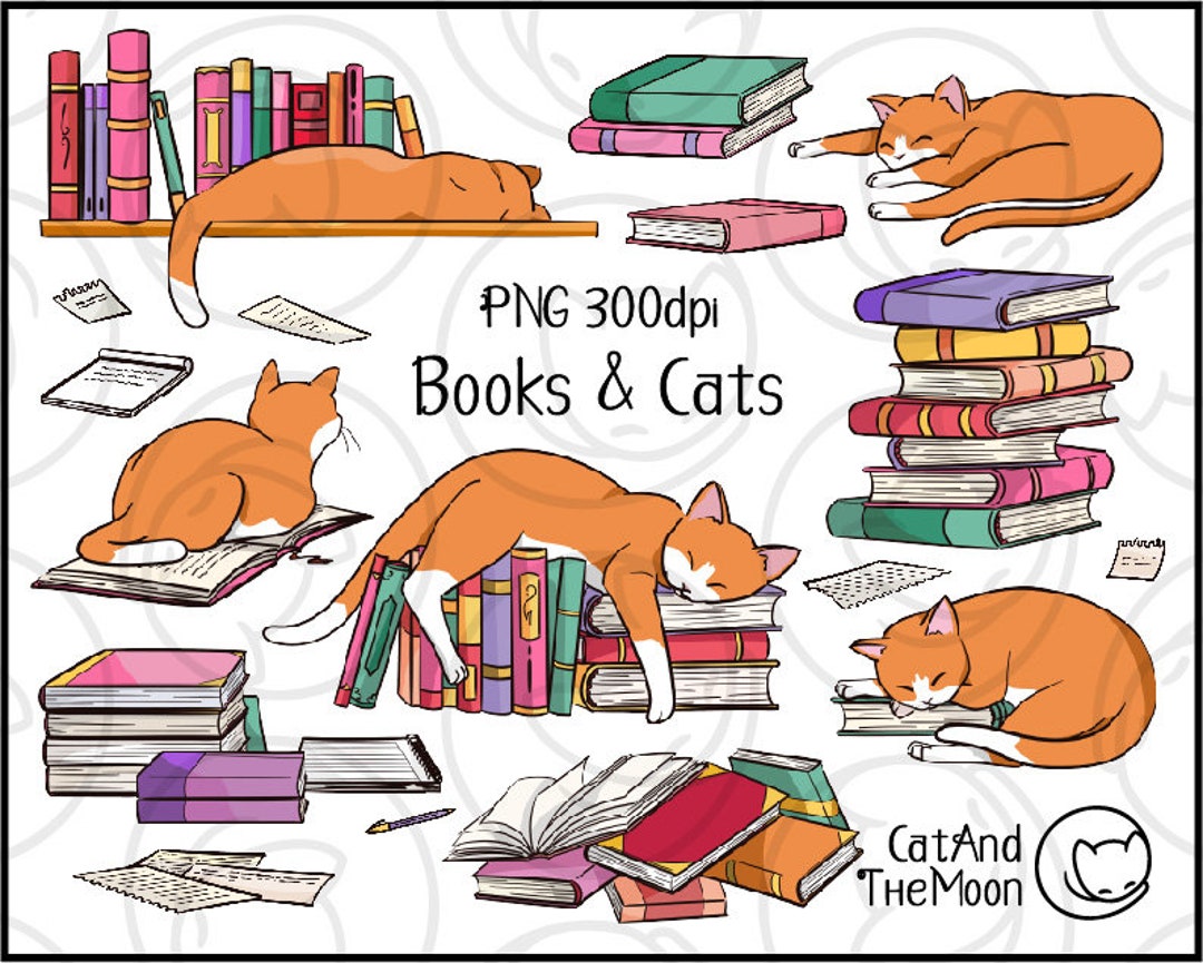 Books and Cats Clipart - Orange Cat Clipart Ginger Pet Illustration ...