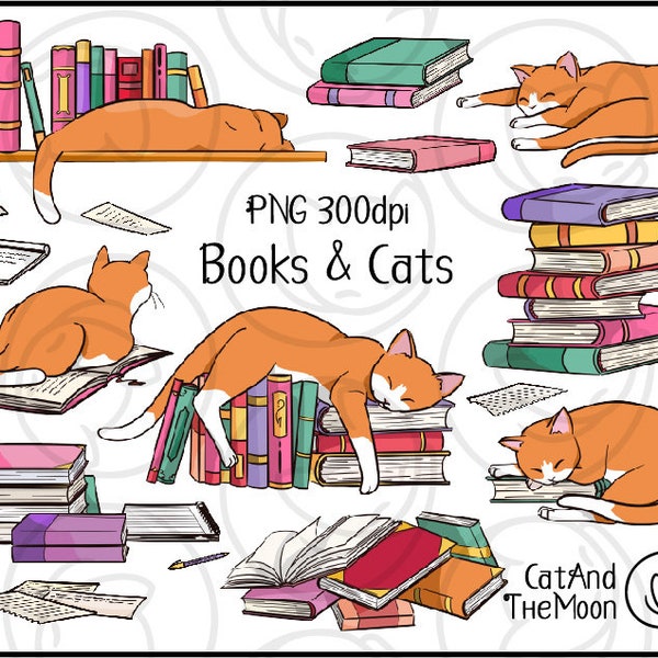 Cat on Book Clipart - Etsy