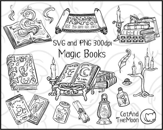 Magic Book Clipart Digital Stamp Sorcerer Witch Doodles | Etsy