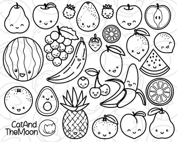 Cute Fruit Digital Stamp Kawaii Banana Apple Mango - Etsy