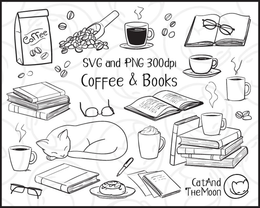 Book Clipart, Book Svg, Books Svg, Coffee Clipart, Coffee Doodle ...