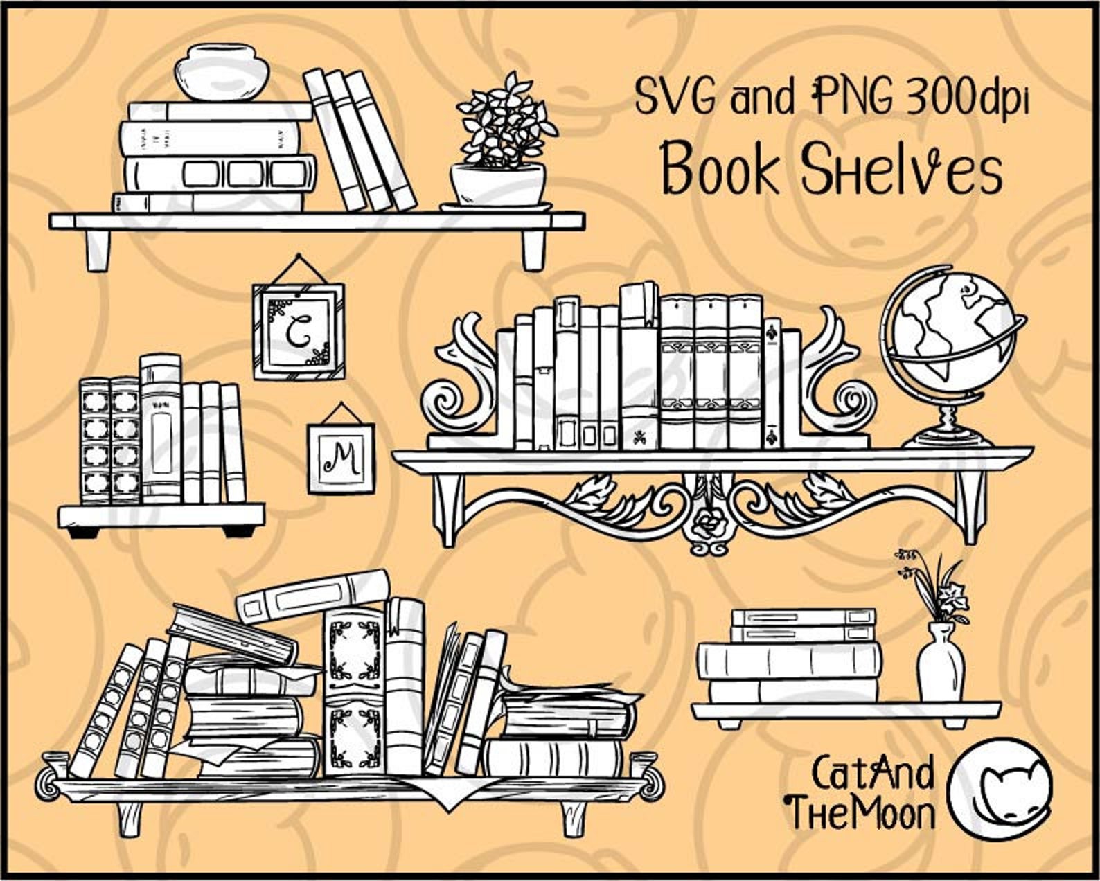 Book Shelves - Book Svg Easy to Use Image Set With Transparent ...