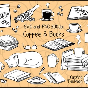 Book Clipart, Book Svg, Books Svg, Coffee Clipart, Coffee Doodle ...