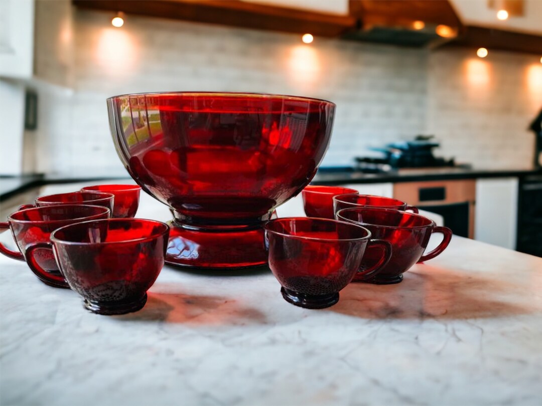 Vintage Anchor Hocking Royal Ruby Red Punch Bowl With Base & 20 Cups ...