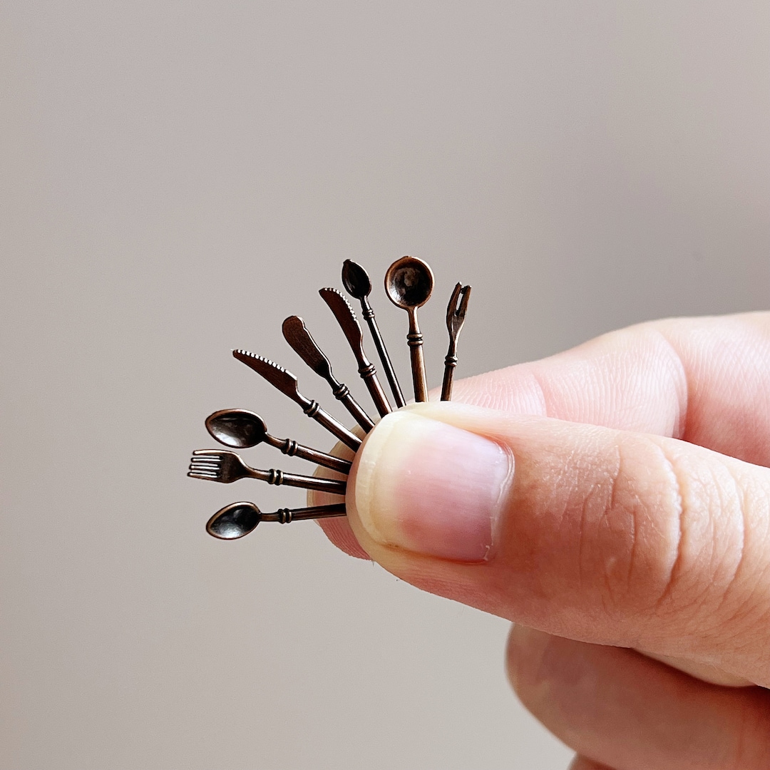 1/12 Scale Miniature Metal Fork Spoon Dollhouse Cutlery Set of 9 Pieces ...