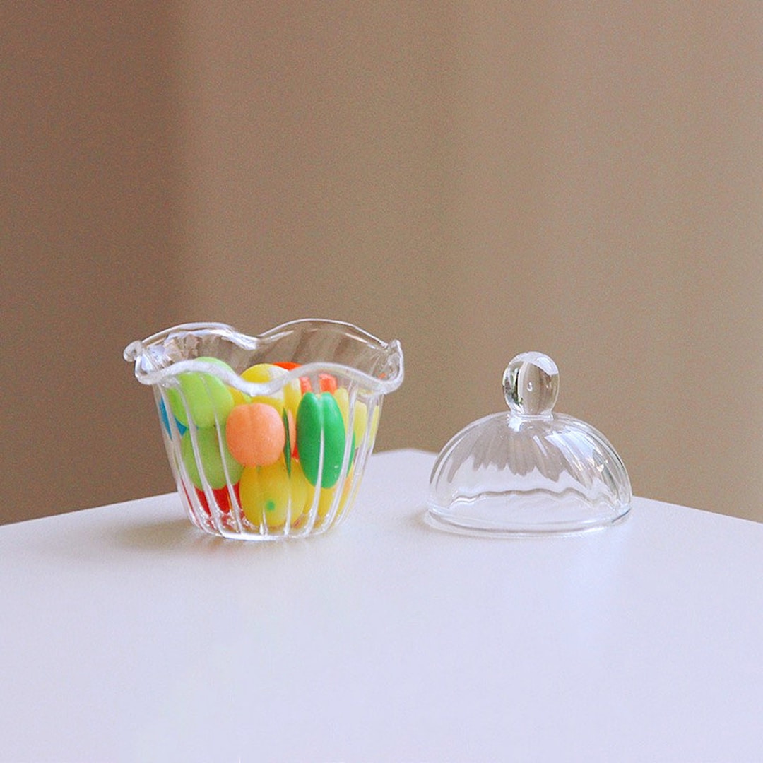 Miniature Glass Bowl With Lid Dollhouse Real Glass Candy Scalloped Bowl ...