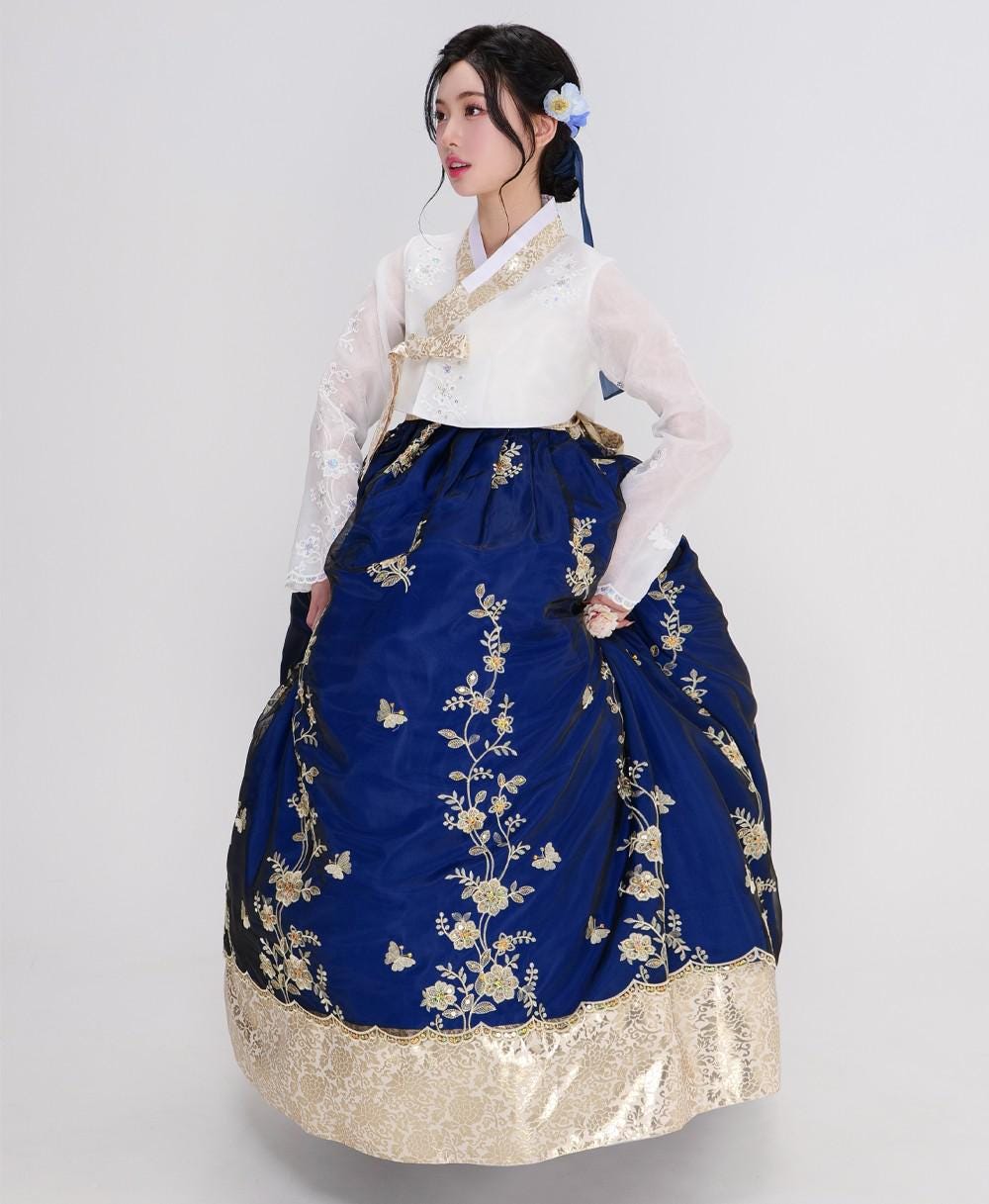 Korean Traditional Hanbok Dress Gold Floral Embroidery - Etsy