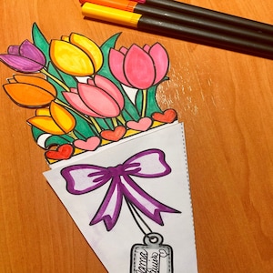 Mother's Day Coloring Card, Flower Bouquet Printable, Activity Mothers ...