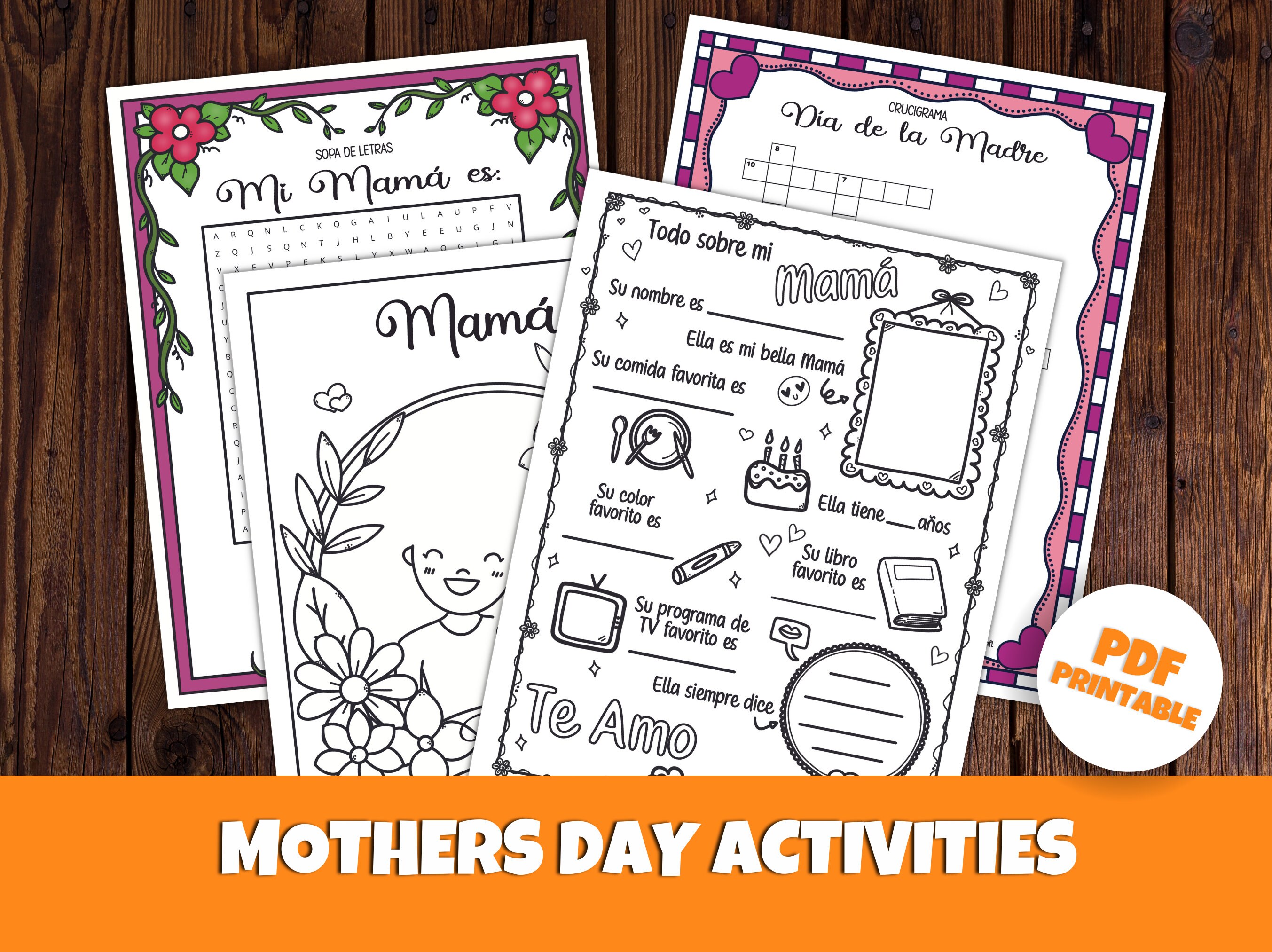 Mother's Day Printable Spanish Games and Activities, Party Games for ...