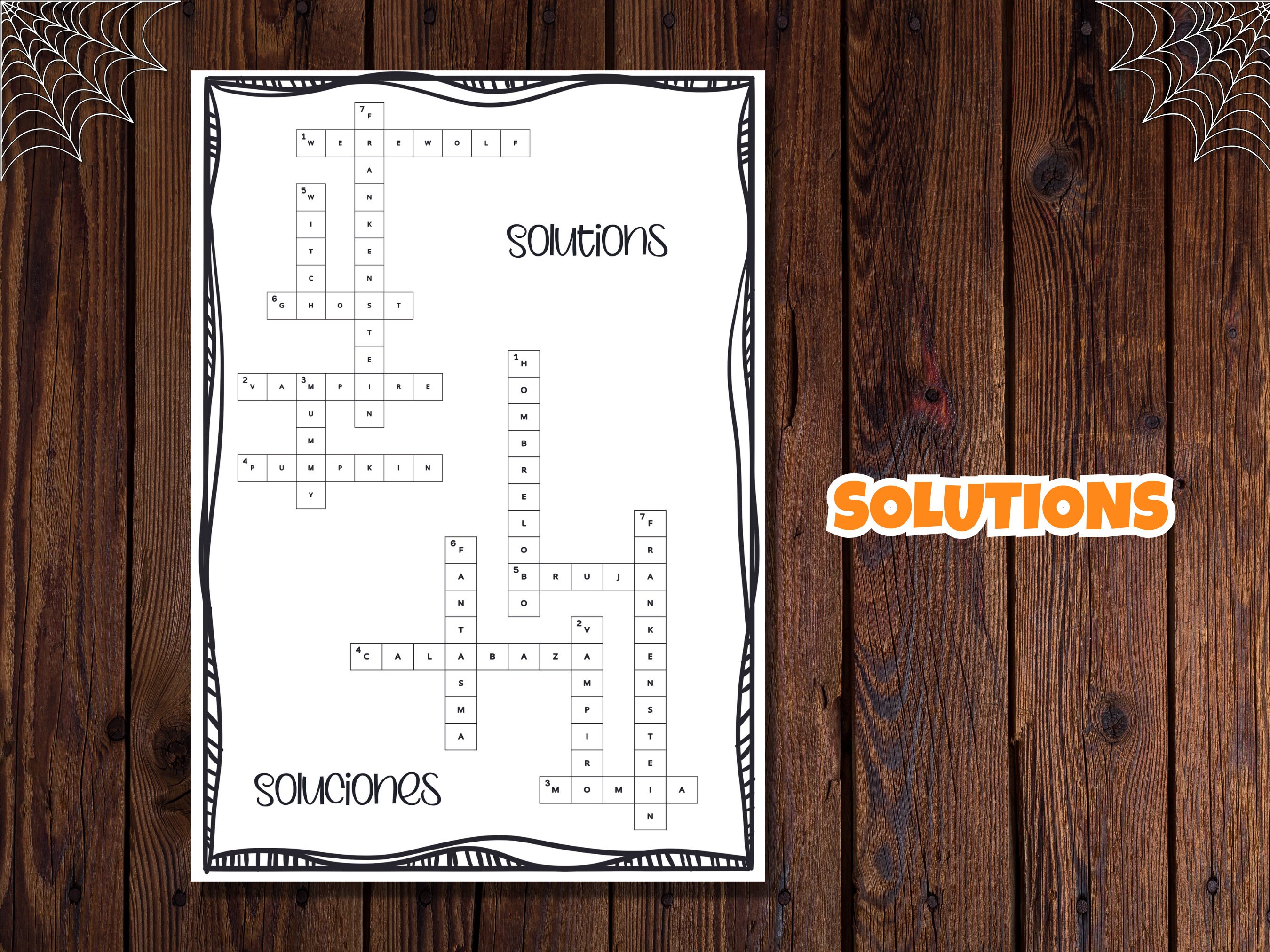 Halloween Crossword Puzzle Printable Bilingual Game for Kids, Fun Kids ...