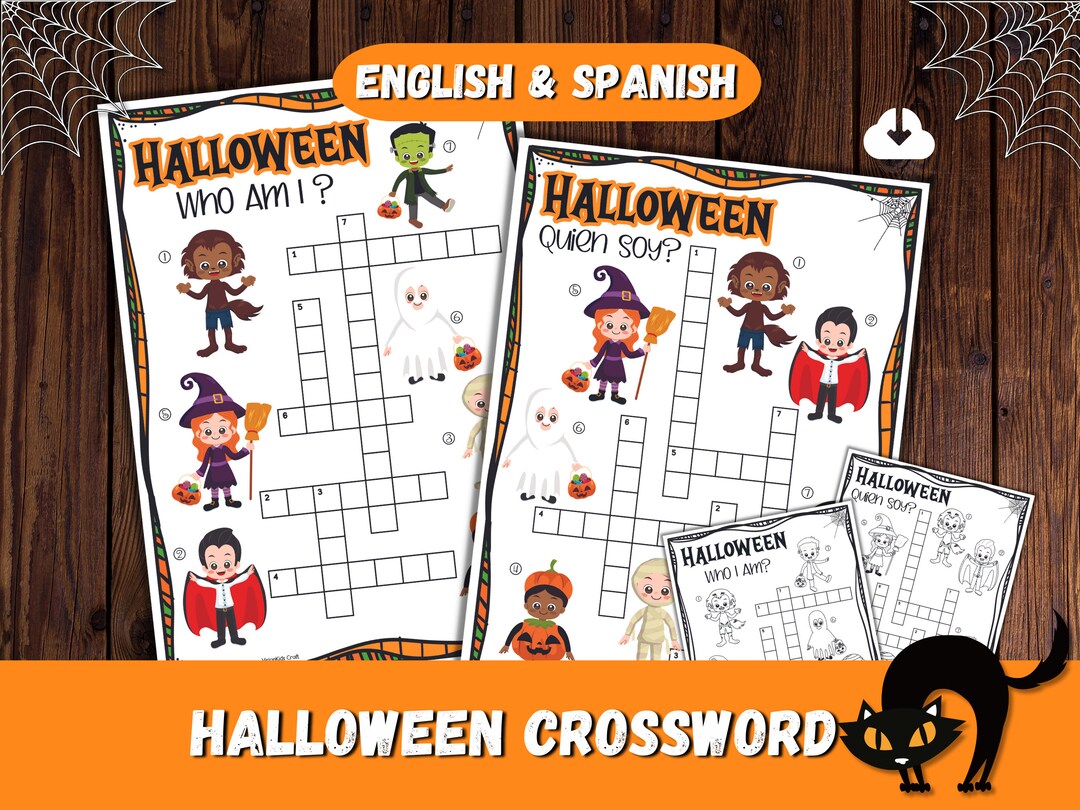 Halloween Crossword Puzzle Printable Bilingual Game for Kids, Fun Kids ...
